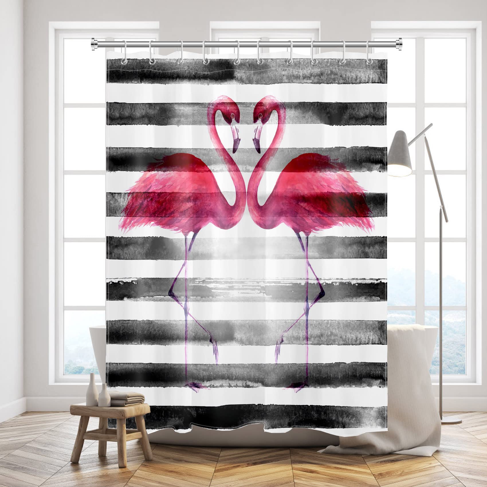 LB Cute Pink Flamingo Shower Curtain Black and White Striped Shower Curtain Set Simple Geometric Shower Curtains for Bathroom with Hooks,Waterproof Fabric 60x72inch