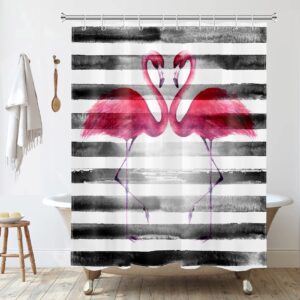 LB Cute Pink Flamingo Shower Curtain Black and White Striped Shower Curtain Set Simple Geometric Shower Curtains for Bathroom with Hooks,Waterproof Fabric 60x72inch