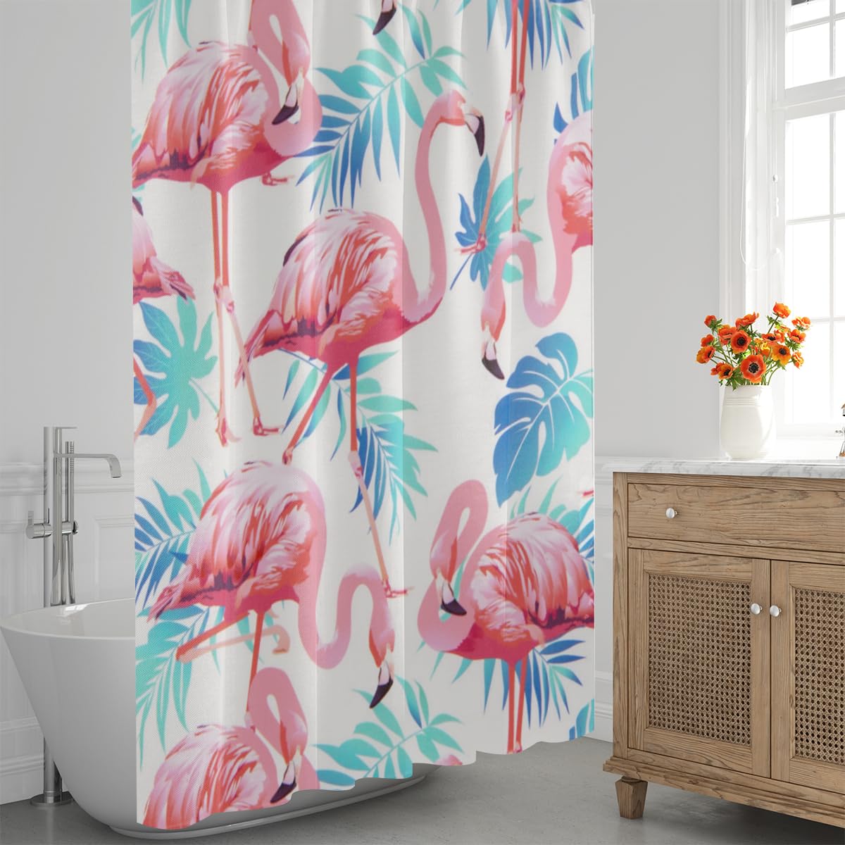 Aglebo Shower Curtain Vintage Flamingo Palm Leaf Fabric Shower Curtain Set with 12 Hooks Water-Proof 72 * 72 Inches for Bathroom Beach Caravan Hotel