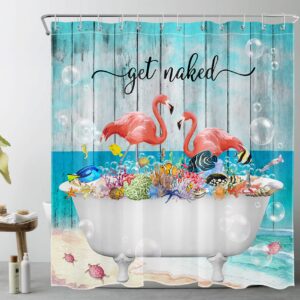 lb pink flamingo shower curtain tropical fish coral in bathtub on beach shower curtain set blue ocean get naked shower curtains for bathroom waterproof washable fabric with hooks,72x72 inch