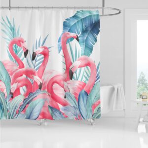 chuleag flamingo monstera jungle shower curtains - tropical plant design, bring the jungle into your bathroom, waterproof fabric, 72 x 72 inches, with 12 hooks