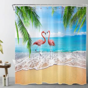 lb summer beach theme shower curtain for bathroom,funny flamingo and blue sky ocean fabric shower curtain with hooks,tropical plant palm leaf bathroom curtains shower set, 72x72 inches