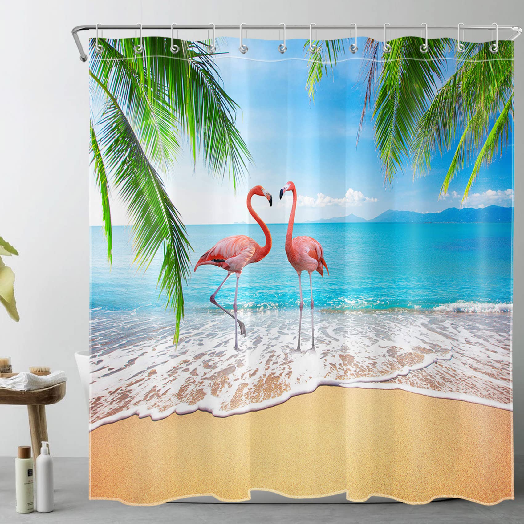 LB Summer Beach Theme Shower Curtain for Bathroom,Funny Flamingo and Blue Sky Ocean Fabric Shower Curtain with Hooks,Tropical Plant Palm Leaf Bathroom Curtains Shower Set, 72x72 inches