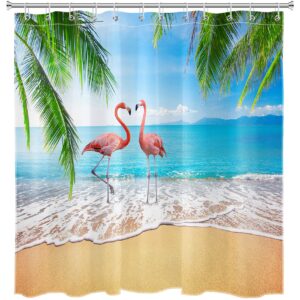 LB Summer Beach Theme Shower Curtain for Bathroom,Funny Flamingo and Blue Sky Ocean Fabric Shower Curtain with Hooks,Tropical Plant Palm Leaf Bathroom Curtains Shower Set, 72x72 inches