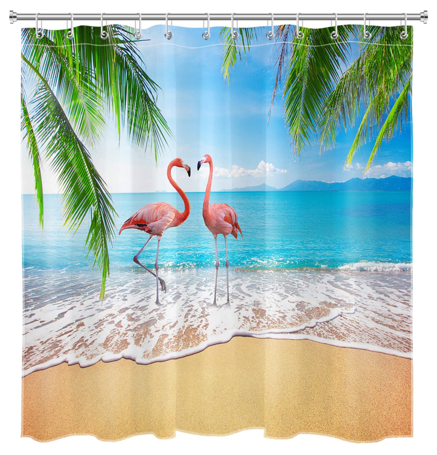 LB Summer Beach Theme Shower Curtain for Bathroom,Funny Flamingo and Blue Sky Ocean Fabric Shower Curtain with Hooks,Tropical Plant Palm Leaf Bathroom Curtains Shower Set, 72x72 inches