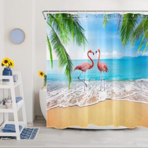 LB Summer Beach Theme Shower Curtain for Bathroom,Funny Flamingo and Blue Sky Ocean Fabric Shower Curtain with Hooks,Tropical Plant Palm Leaf Bathroom Curtains Shower Set, 72x72 inches