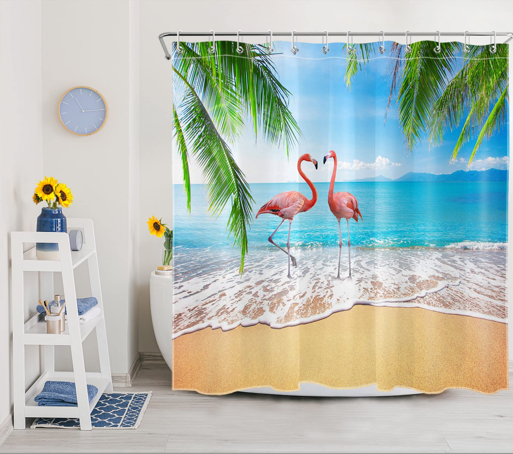 LB Summer Beach Theme Shower Curtain for Bathroom,Funny Flamingo and Blue Sky Ocean Fabric Shower Curtain with Hooks,Tropical Plant Palm Leaf Bathroom Curtains Shower Set, 72x72 inches