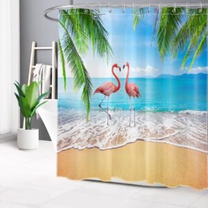 LB Summer Beach Theme Shower Curtain for Bathroom,Funny Flamingo and Blue Sky Ocean Fabric Shower Curtain with Hooks,Tropical Plant Palm Leaf Bathroom Curtains Shower Set, 72x72 inches