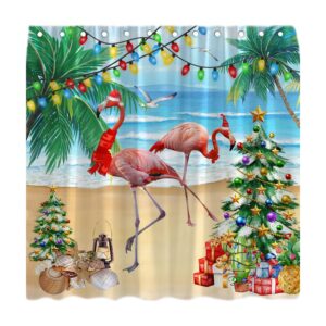 wzfashion pink christmas flamingo shower curtain tropical ocean beach palm funny summer xmas tree colorful balls holiday fabric bath curtain set with hook