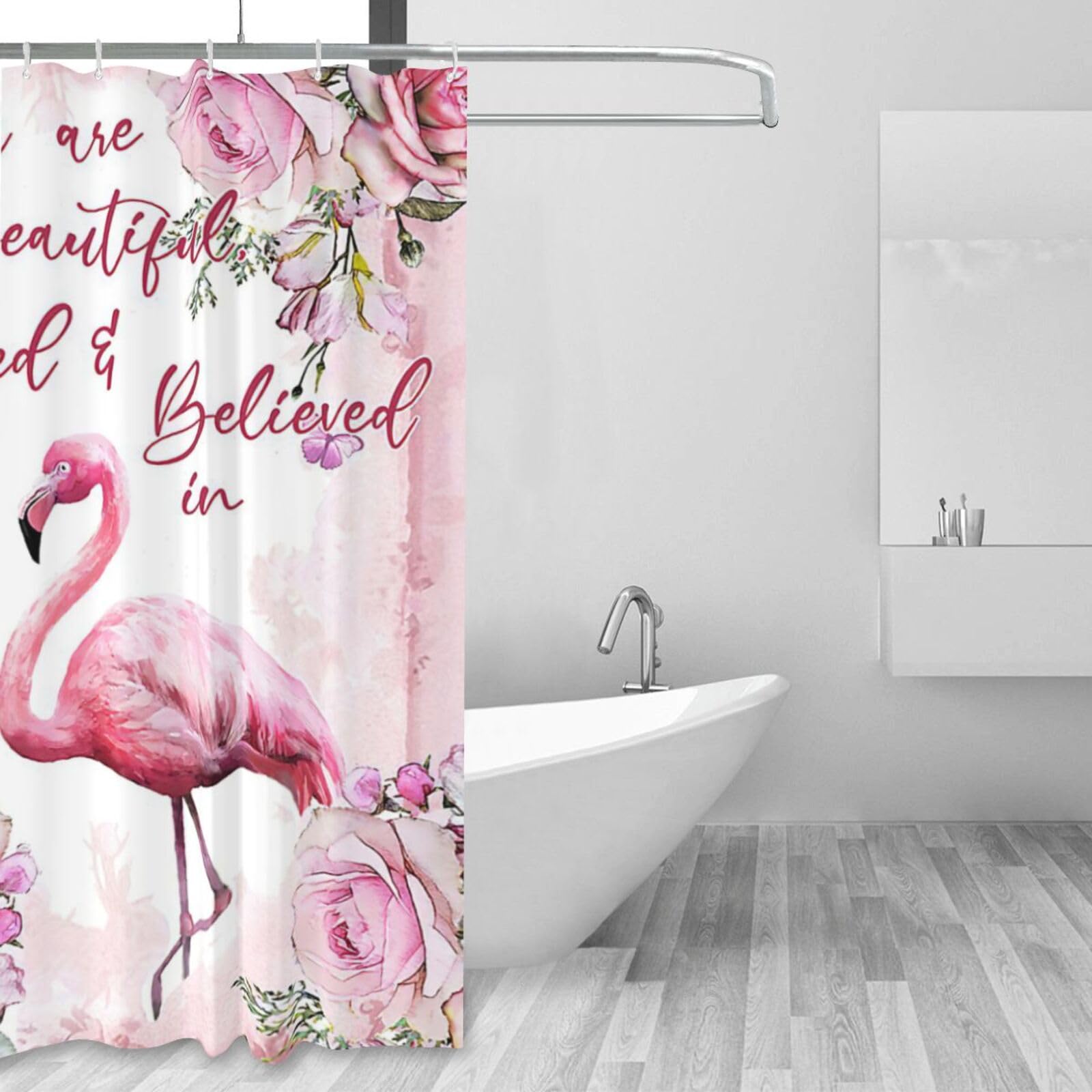 citari Pink Flamingo Shower Curtain Floral Flamingo Bathroom Shower Curtains Modern Polyester Fabric Waterproof Shower Curtains 60 x 72 Inch