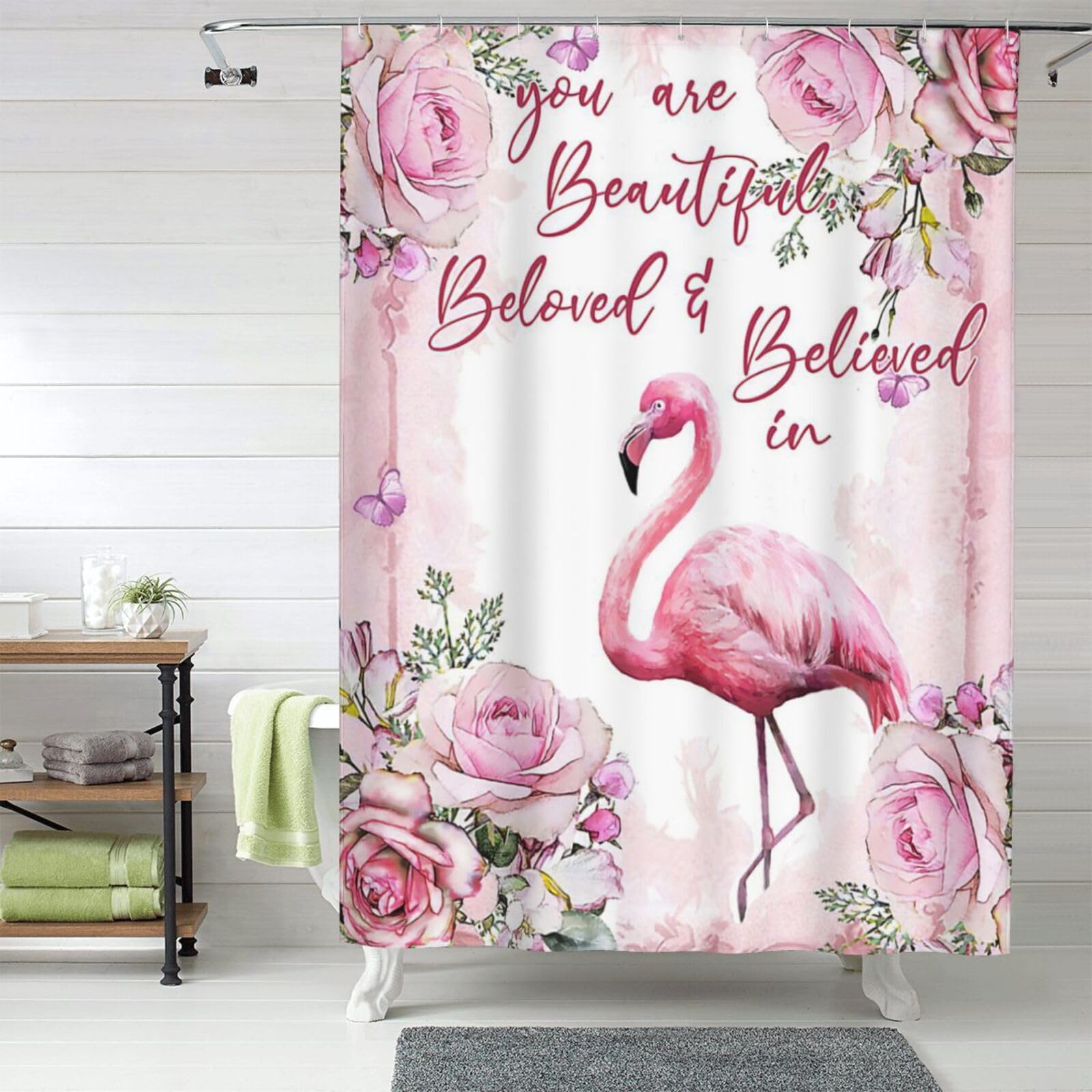 citari Pink Flamingo Shower Curtain Floral Flamingo Bathroom Shower Curtains Modern Polyester Fabric Waterproof Shower Curtains 60 x 72 Inch