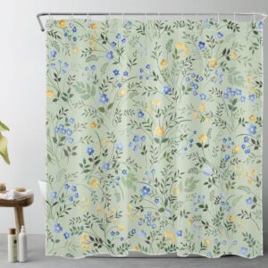 lb nature plant floral shower curtain decor, yellow blue flower with herb on sage green shower curtain for bathroom 72" w x 72" l polyester fabric bathroom decoration bath curtains hooks included