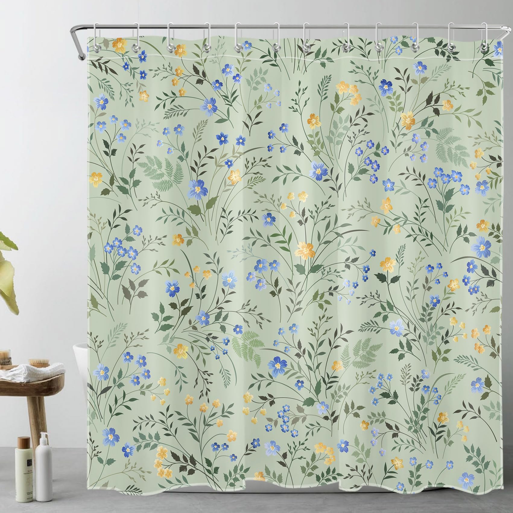 LB Nature Plant Floral Shower Curtain Decor, Yellow Blue Flower with Herb on Sage Green Shower Curtain for Bathroom 72" W x 72" L Polyester Fabric Bathroom Decoration Bath Curtains Hooks Included