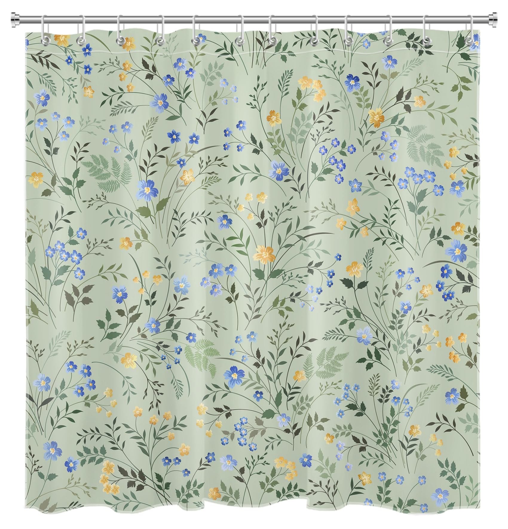 LB Nature Plant Floral Shower Curtain Decor, Yellow Blue Flower with Herb on Sage Green Shower Curtain for Bathroom 72" W x 72" L Polyester Fabric Bathroom Decoration Bath Curtains Hooks Included