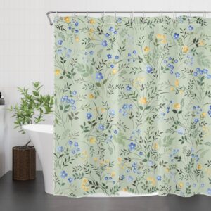 LB Nature Plant Floral Shower Curtain Decor, Yellow Blue Flower with Herb on Sage Green Shower Curtain for Bathroom 72" W x 72" L Polyester Fabric Bathroom Decoration Bath Curtains Hooks Included