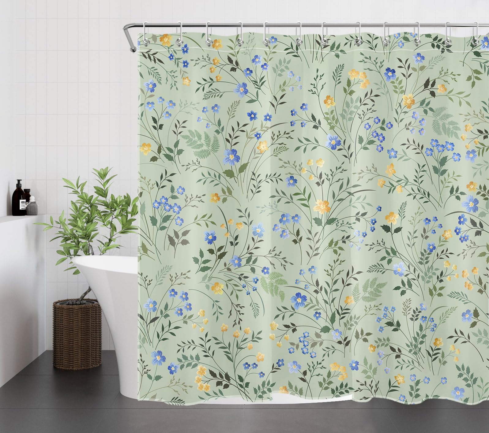 LB Nature Plant Floral Shower Curtain Decor, Yellow Blue Flower with Herb on Sage Green Shower Curtain for Bathroom 72" W x 72" L Polyester Fabric Bathroom Decoration Bath Curtains Hooks Included