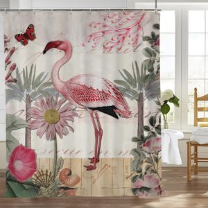 yerretin country pink flamingo shower curtain vintage botanical floral flower shower curtain waterproof fabric rustic bathroom decor curtain with hooks 60"x72"