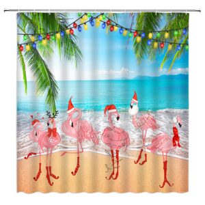 tfggndf christmas flamingo shower curtain ocean beach xmas tropical hawaii winter holiday pink bathroom decor polyester curtains with hooks