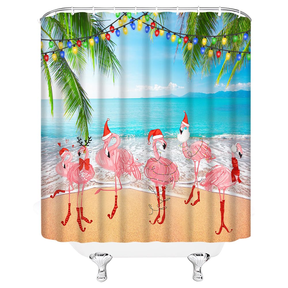 TFGGNDF Christmas Flamingo Shower Curtain Ocean Beach Xmas Tropical Hawaii Winter Holiday Pink Bathroom Decor Polyester Curtains with Hooks