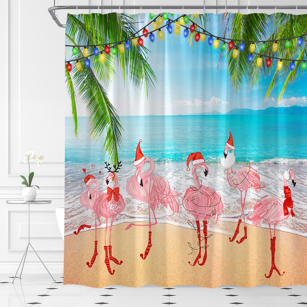 TFGGNDF Christmas Flamingo Shower Curtain Ocean Beach Xmas Tropical Hawaii Winter Holiday Pink Bathroom Decor Polyester Curtains with Hooks