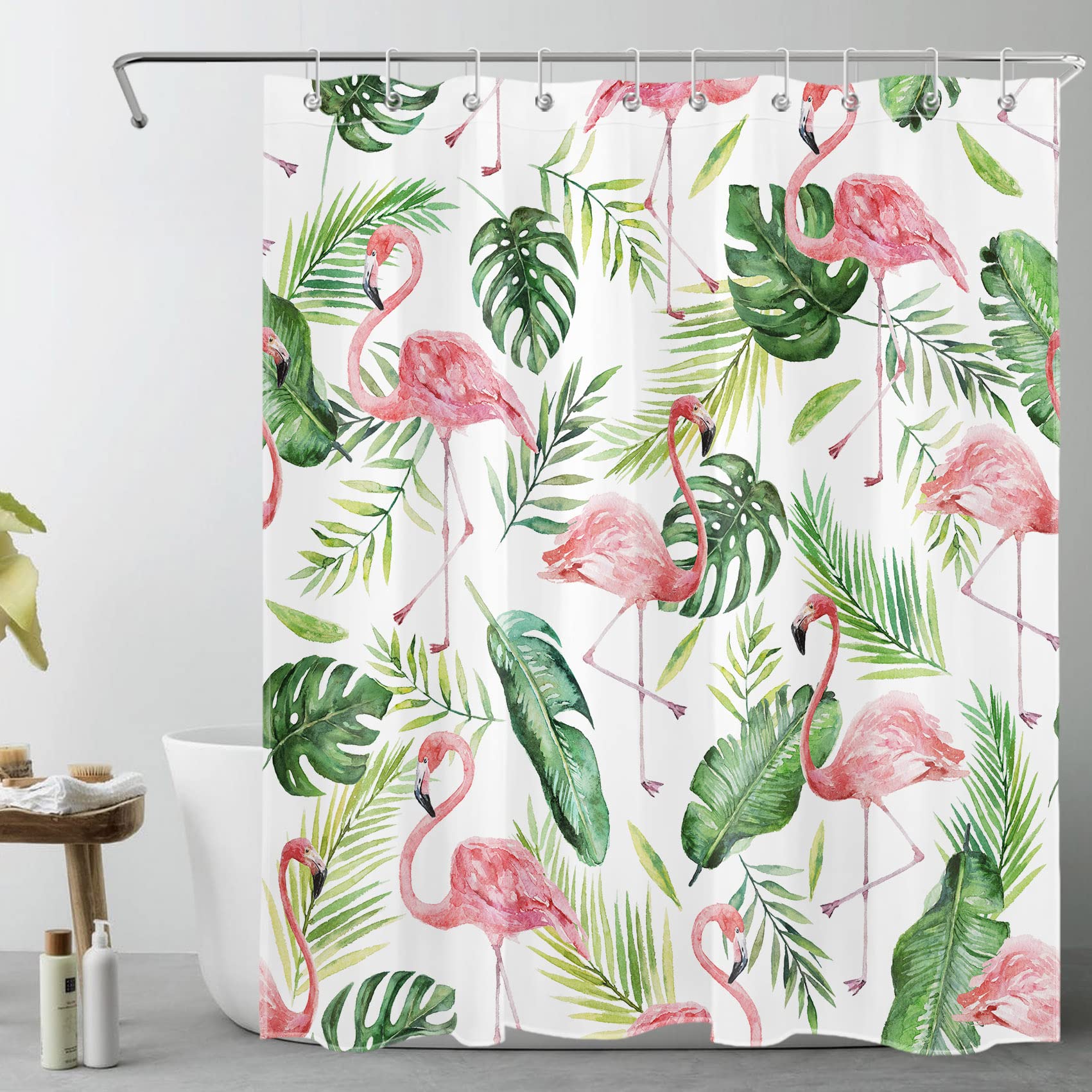 LB Tropical Pink Flamingo Shower Curtain for Bathroom,Sage Green Palm Leaf Monstera and Banana Leaf Fabric Shower Curtain with Hooks,Summer Watercolor Plant Bathroom Curtains Shower Set, 60x72 inches