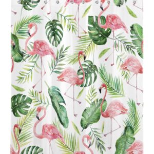 LB Tropical Pink Flamingo Shower Curtain for Bathroom,Sage Green Palm Leaf Monstera and Banana Leaf Fabric Shower Curtain with Hooks,Summer Watercolor Plant Bathroom Curtains Shower Set, 60x72 inches