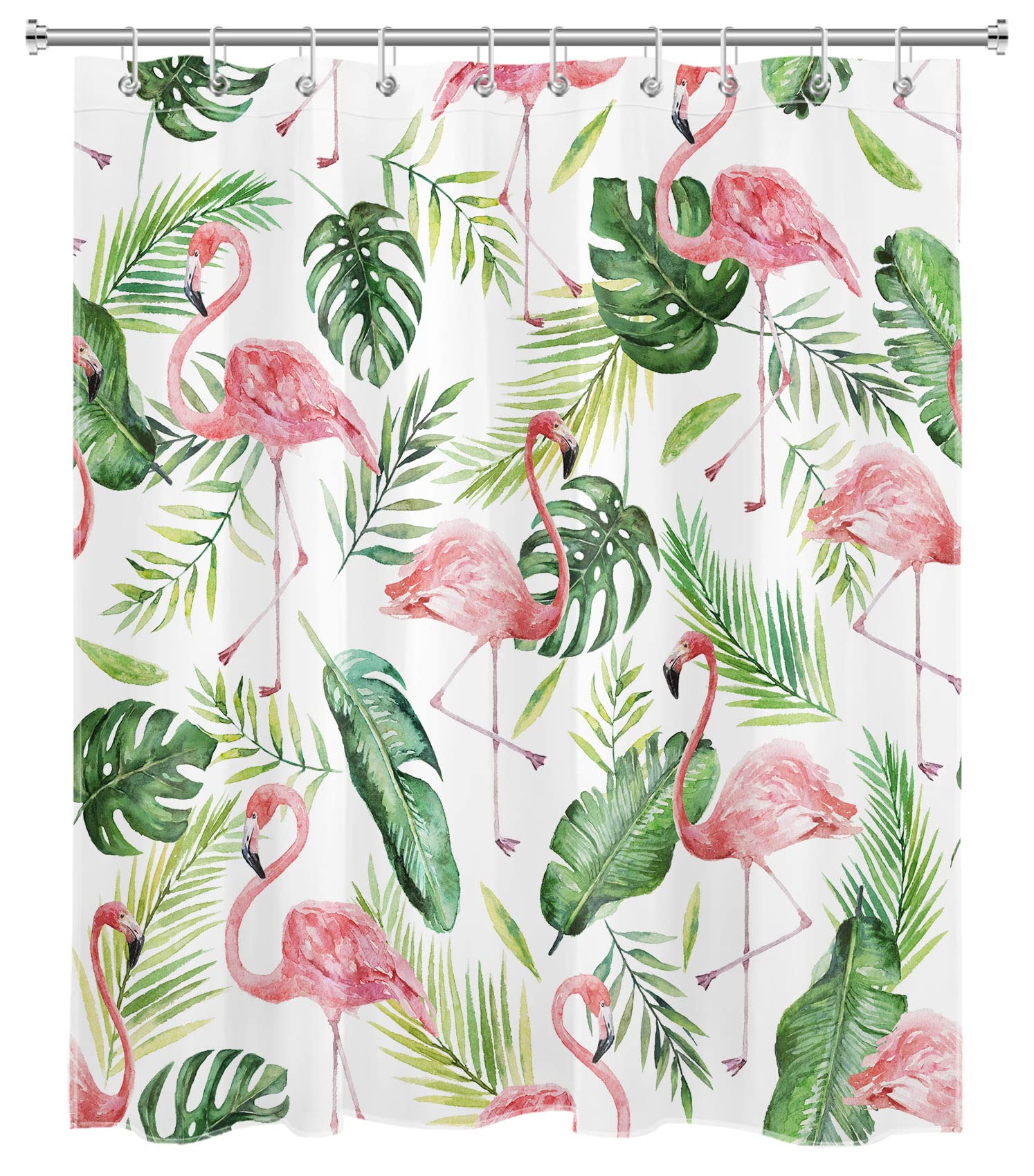 LB Tropical Pink Flamingo Shower Curtain for Bathroom,Sage Green Palm Leaf Monstera and Banana Leaf Fabric Shower Curtain with Hooks,Summer Watercolor Plant Bathroom Curtains Shower Set, 60x72 inches