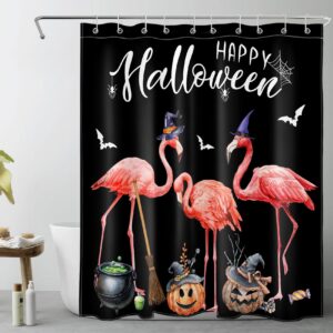 lb happy halloween shower curtain for bathroom,pink flamingo and orange pumpkin with magic hat broom fabric shower curtain with hooks,horror holiday black bathroom curtain shower set, 60x72 inches