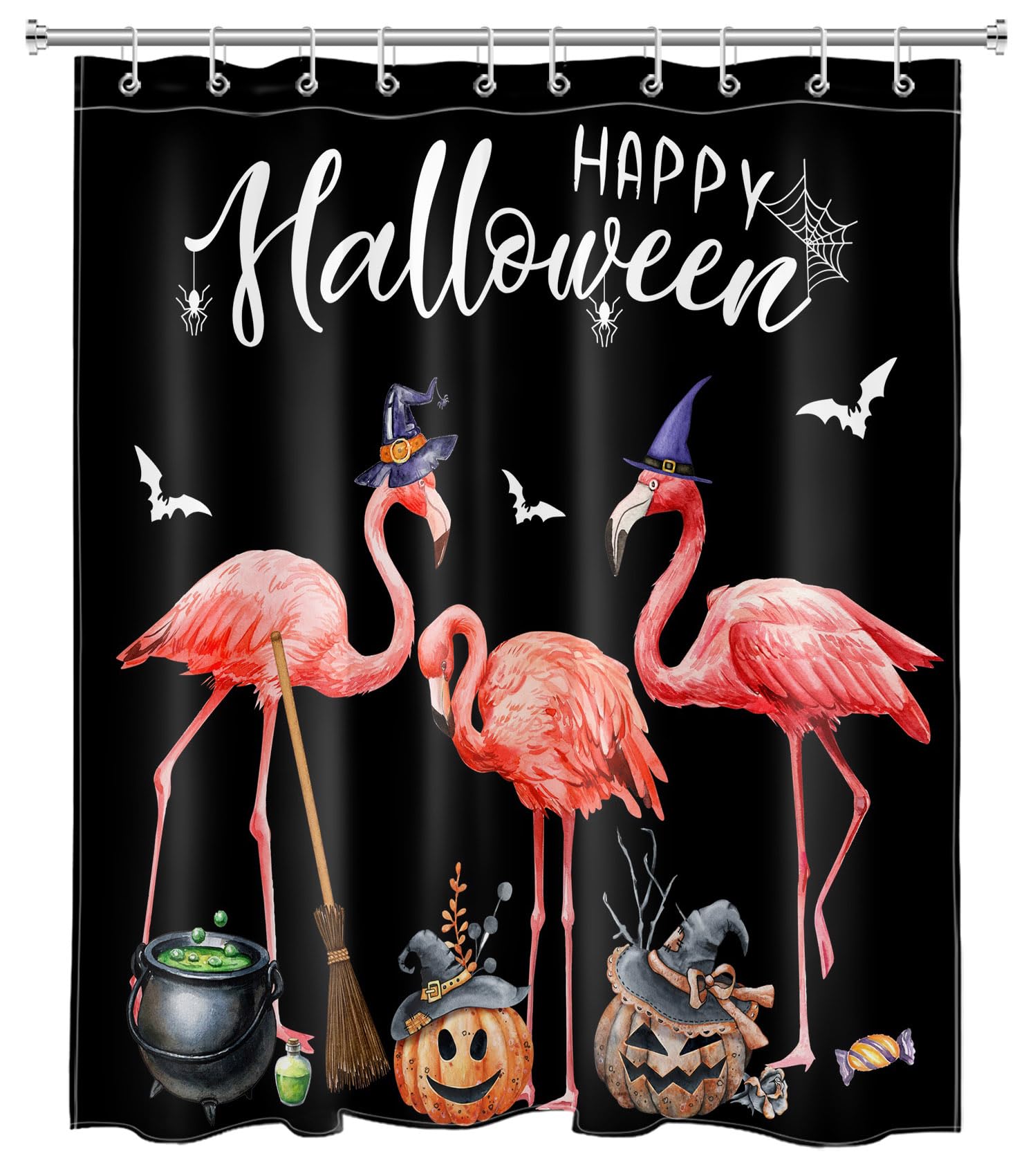 LB Happy Halloween Shower Curtain for Bathroom,Pink Flamingo and Orange Pumpkin with Magic Hat Broom Fabric Shower Curtain with Hooks,Horror Holiday Black Bathroom Curtain Shower Set, 60x72 inches