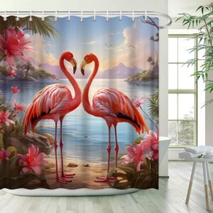 JONSEQIN Flamingo Shower Curtain Tropics Summer Plant and Animal Palm Tree Floral Farmhouse Rustic Rural Nature Romantic Ocean Seaside Landscape Bathroom Decor Curtains 70x70 inch with Hook