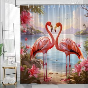 JONSEQIN Flamingo Shower Curtain Tropics Summer Plant and Animal Palm Tree Floral Farmhouse Rustic Rural Nature Romantic Ocean Seaside Landscape Bathroom Decor Curtains 70x70 inch with Hook