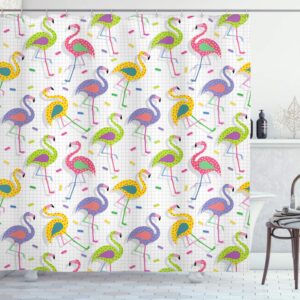 ambesonne flamingo shower curtain, colorful retro vintage flamingo patterns in polka dot design checked background, cloth fabric bathroom decor set with hooks, 69" w x 70" l, lime green purple