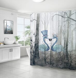 tropical flamingo shower curtain romantic couple birds bath bathtub bathroom misty jungle decor sets with 12 hooks waterproof durable polyester fabric washable 72" l x 72" w purple grey blue white