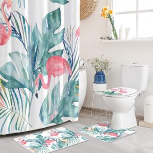 tititex pink flamingo tropical leaves shower curtain set 4pcs with non-slip rugs,toilet lid cover and bath mat,teal bathroom decoration 71x71 inch with hooks