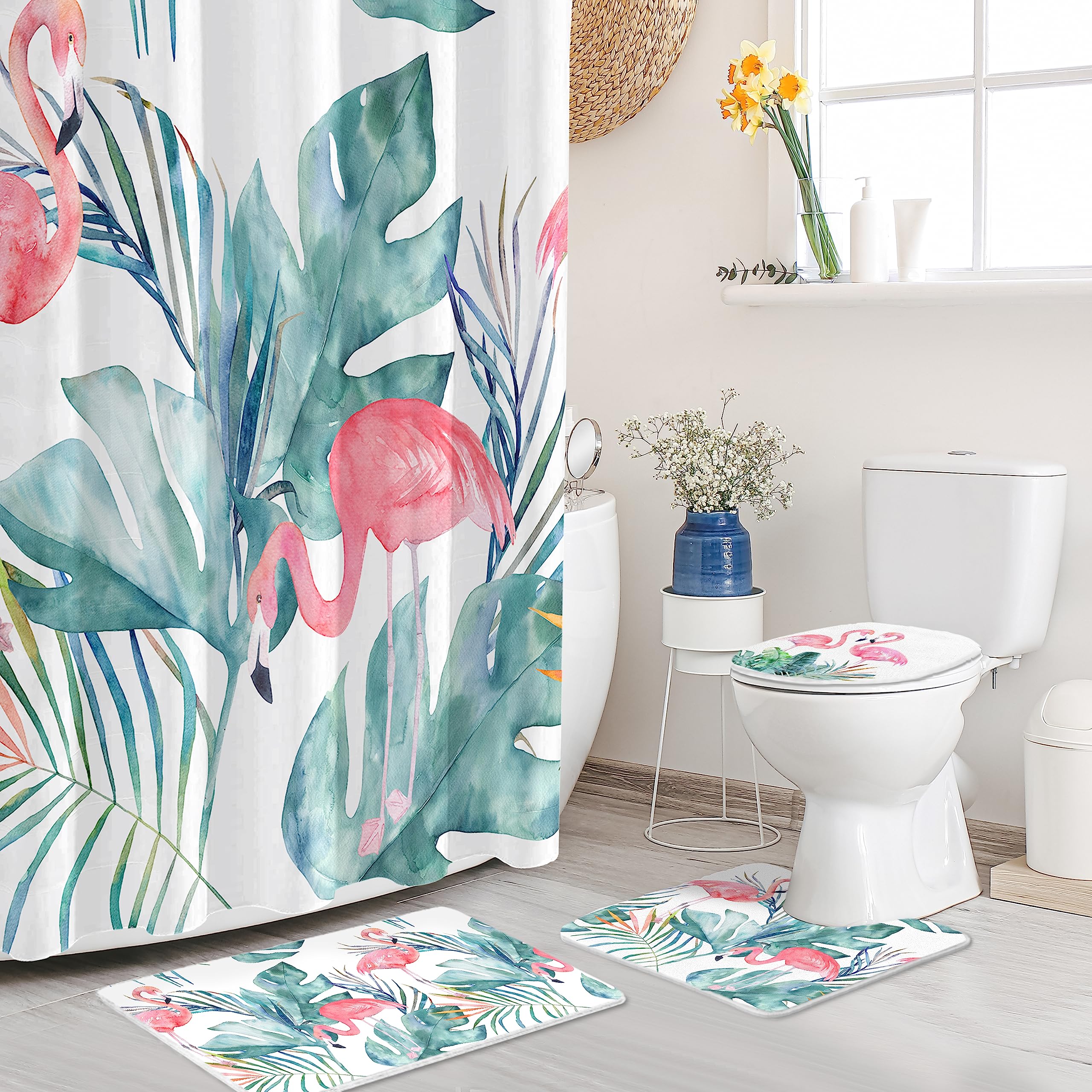 Tititex Pink Flamingo Tropical Leaves Shower Curtain Set 4PCs with Non-Slip Rugs,Toilet Lid Cover and Bath Mat,Teal Bathroom Decoration 71x71 Inch with Hooks