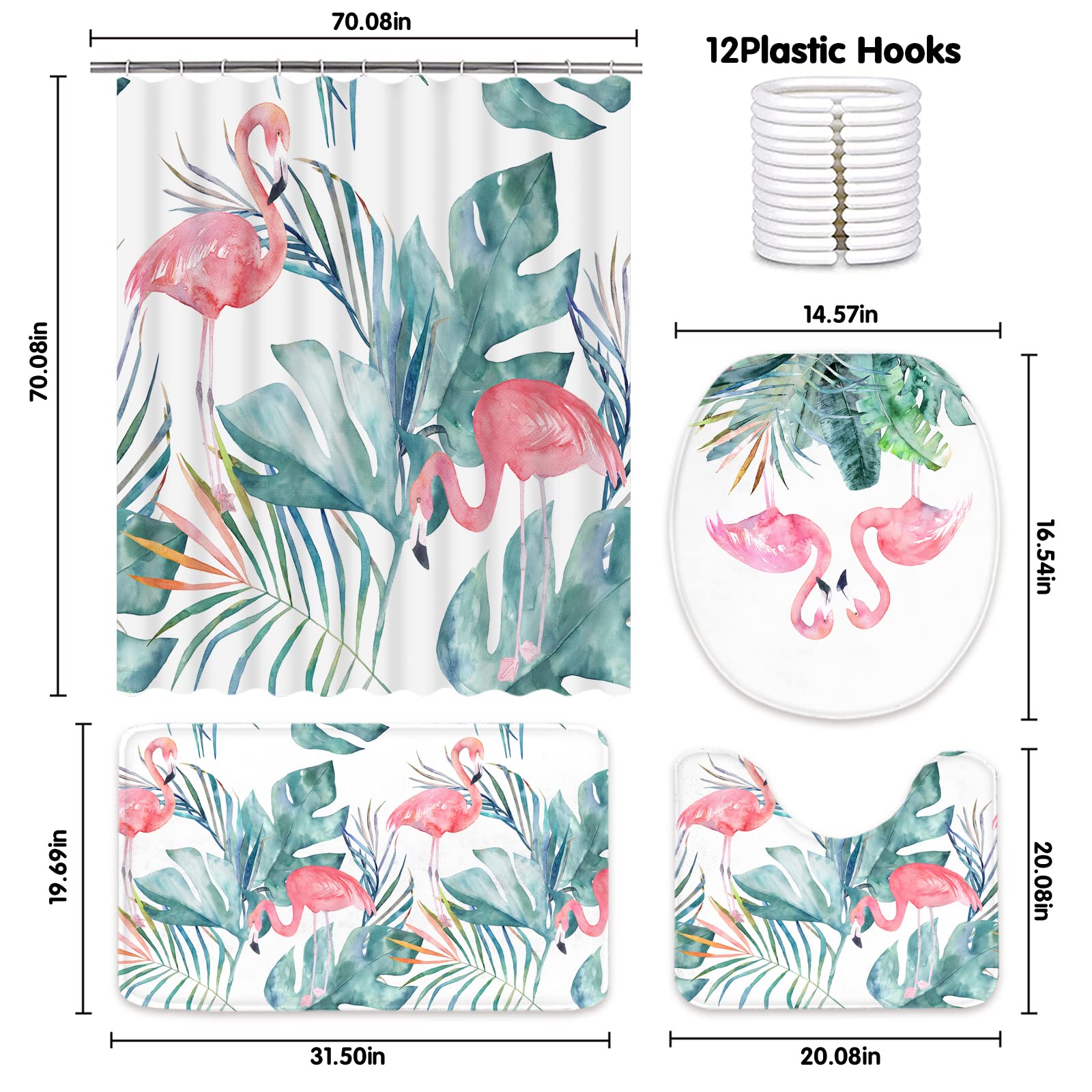 Tititex Pink Flamingo Tropical Leaves Shower Curtain Set 4PCs with Non-Slip Rugs,Toilet Lid Cover and Bath Mat,Teal Bathroom Decoration 71x71 Inch with Hooks