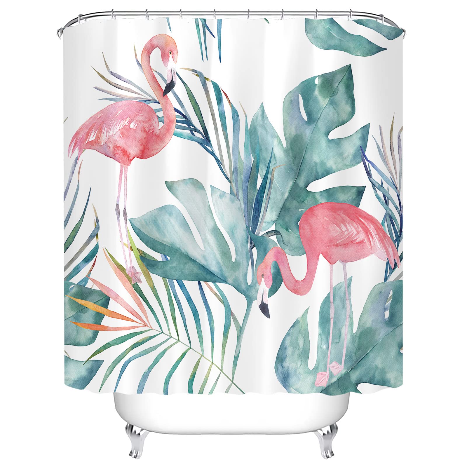 Tititex Pink Flamingo Tropical Leaves Shower Curtain Set 4PCs with Non-Slip Rugs,Toilet Lid Cover and Bath Mat,Teal Bathroom Decoration 71x71 Inch with Hooks