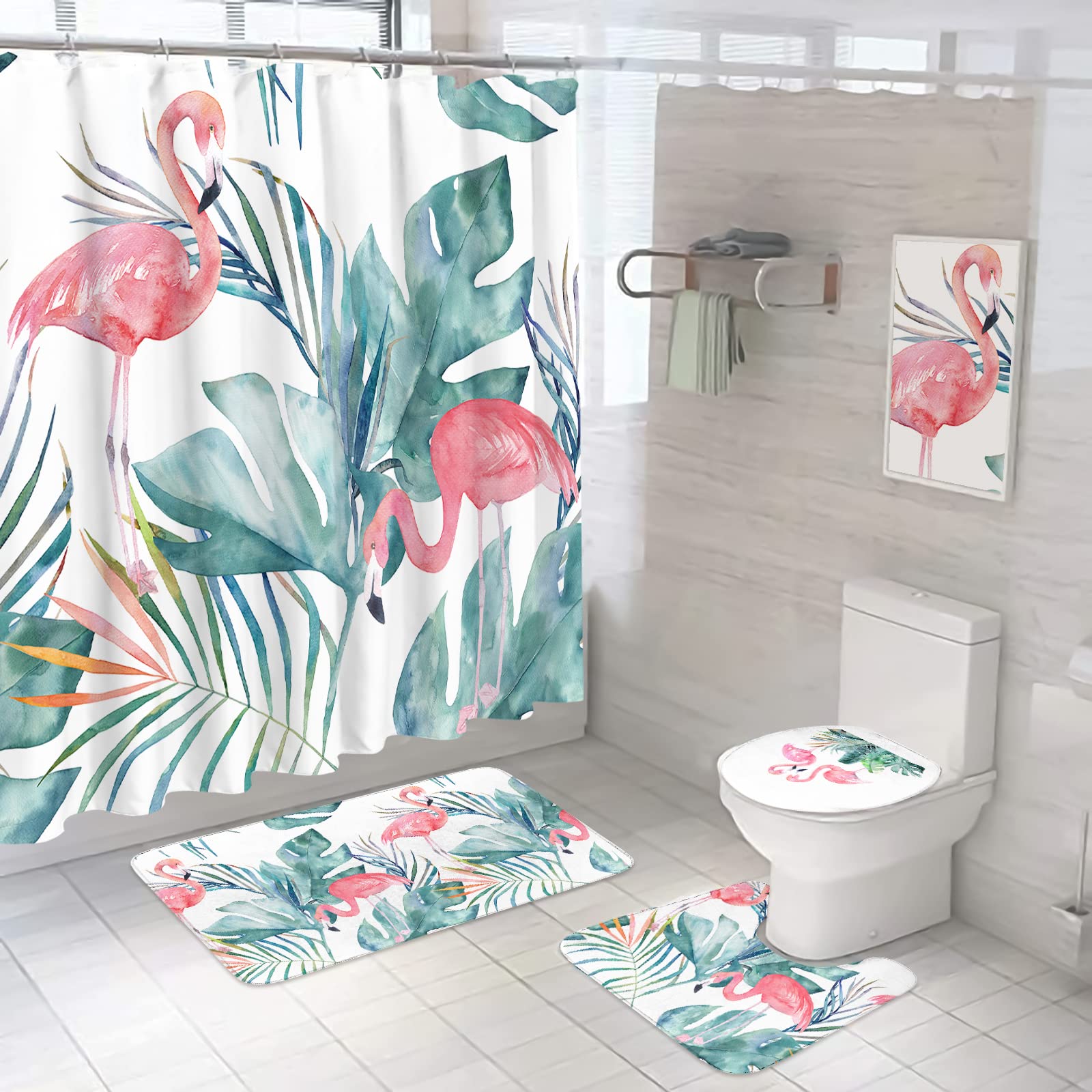 Tititex Pink Flamingo Tropical Leaves Shower Curtain Set 4PCs with Non-Slip Rugs,Toilet Lid Cover and Bath Mat,Teal Bathroom Decoration 71x71 Inch with Hooks