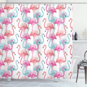 ambesonne watercolor shower curtain, flamingos in many colors hand drawn bird exotic animals illustration, cloth fabric bathroom decor set with hooks, 69" w x 75" l, pale blue salmon pink