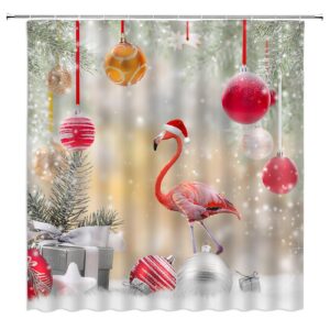 evrcvar christmas flamingo shower curtain red christmas balls winter xmas snowflake tropical bird holiday bathroom curtain fabric with hooks(70" wx70 h)