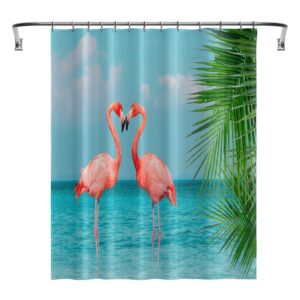 yuyasm tropical beach shower curtain fabric blue ocean pink flamingo couple green palm leaves summer nautical decor bathroom bath curtains with hooks 70x70 inches