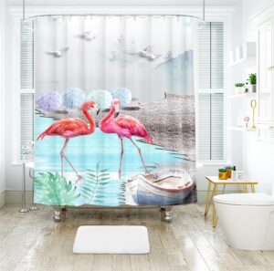 flamingo print shower curtain, flamingo animal bird theme shower curtain with cloth fabric bathroom decor set with hooks, 71" w x 71" l, (flamingo with boat)