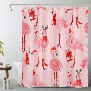 hvest christmas flamingo shower curtain, pink flamingo with xmas hat and stocking on pink background shower curtain for bathroom, fabric shower curtain with hooks, 60w x 72l inches