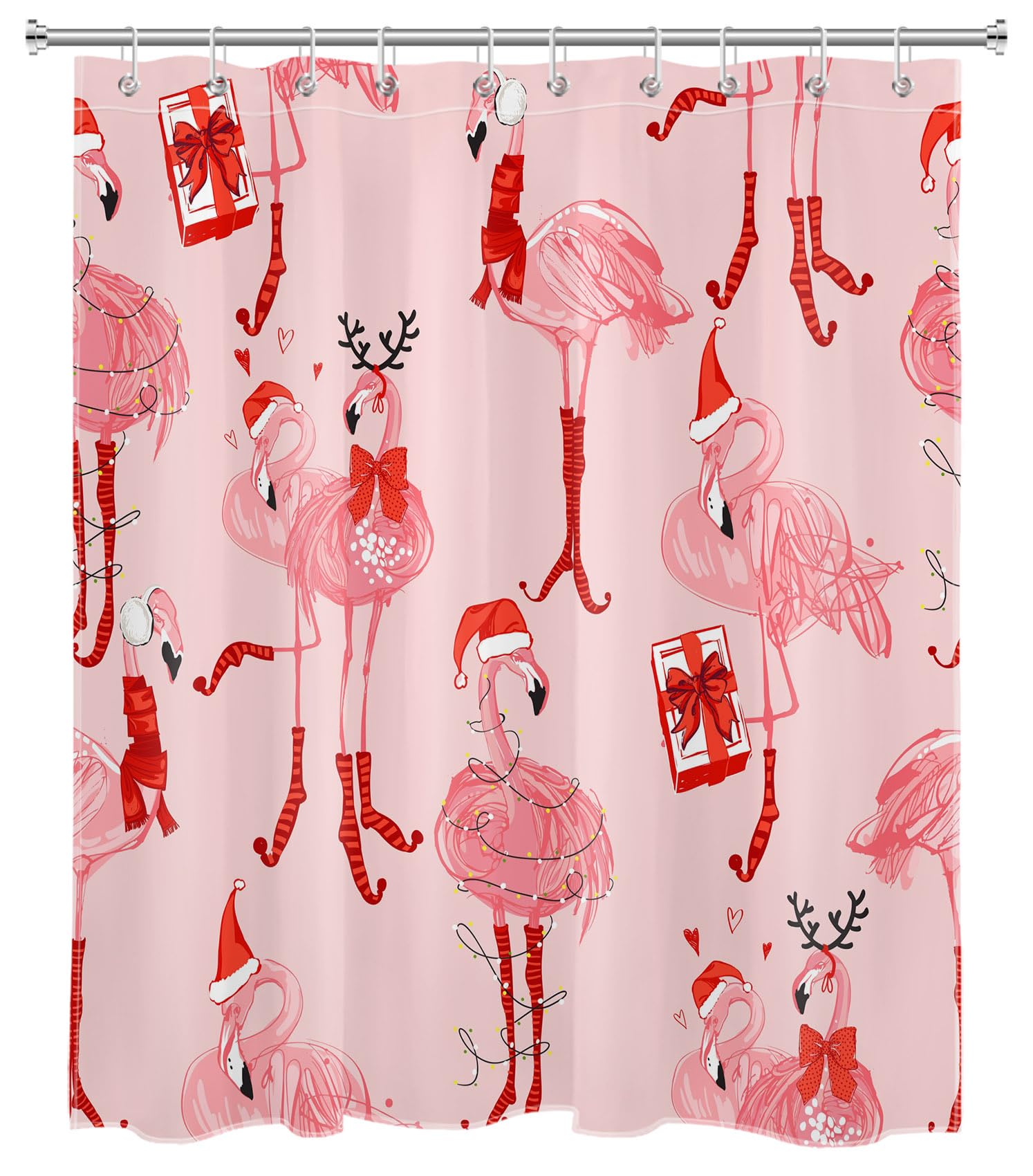 HVEST Christmas Flamingo Shower Curtain, Pink Flamingo with Xmas Hat and Stocking on Pink Background Shower Curtain for Bathroom, Fabric Shower Curtain with Hooks, 60W x 72L Inches