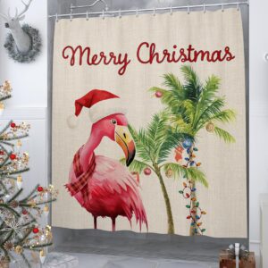 PIEPLE Christmas Flamingos Shower Curtain, Waterproof Washable Boho Funny Cute Shower Curtains Set for Bathroom Bathtubs Curtains Decor Set, 36" Wx72 L with Hooks Xmas Balls Tree Rustic