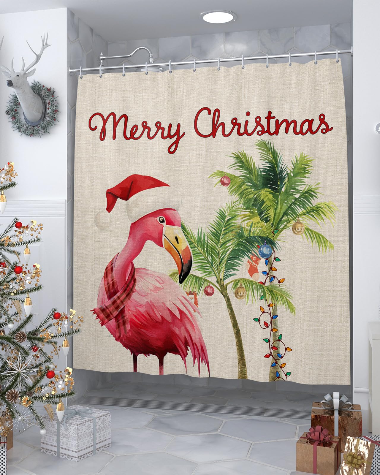 PIEPLE Christmas Flamingos Shower Curtain, Waterproof Washable Boho Funny Cute Shower Curtains Set for Bathroom Bathtubs Curtains Decor Set, 36" Wx72 L with Hooks Xmas Balls Tree Rustic