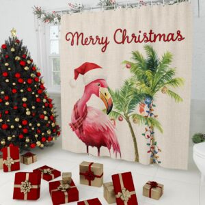 PIEPLE Christmas Flamingos Shower Curtain, Waterproof Washable Boho Funny Cute Shower Curtains Set for Bathroom Bathtubs Curtains Decor Set, 36" Wx72 L with Hooks Xmas Balls Tree Rustic