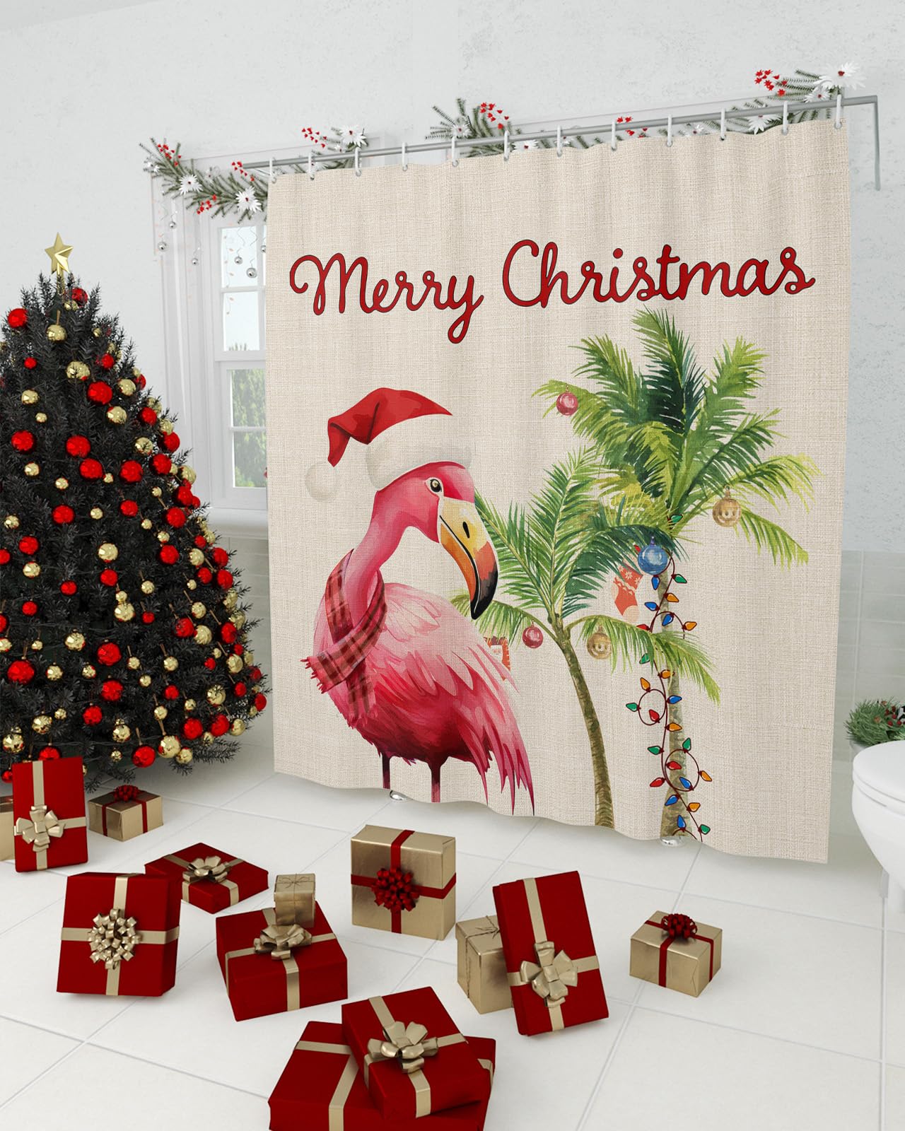 PIEPLE Christmas Flamingos Shower Curtain, Waterproof Washable Boho Funny Cute Shower Curtains Set for Bathroom Bathtubs Curtains Decor Set, 36" Wx72 L with Hooks Xmas Balls Tree Rustic