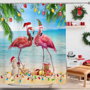 christmas shower curtain, bright tropical christmas beach red flamingo shower curtain, funny xmas holiday shower curtain, vintage merry christmas shower curtain for bathroom with 12pcs hooks, 70x70in