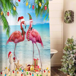 Christmas Shower Curtain, Bright Tropical Christmas Beach Red Flamingo Shower Curtain, Funny Xmas Holiday Shower Curtain, Vintage Merry Christmas Shower Curtain for Bathroom with 12PCS Hooks, 70X70IN